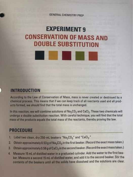 Solved GENERAL CHEMISTRY PREP EXPERIMENT 9 CONSERVATION OF | Chegg.com