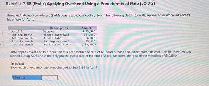 Solved Exercise 7-38 (Static) Applying Overhead Using a | Chegg.com