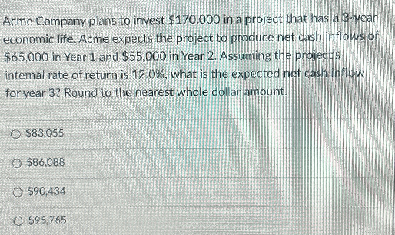 Solved Acme Company plans to invest $170,000 ﻿in a project | Chegg.com