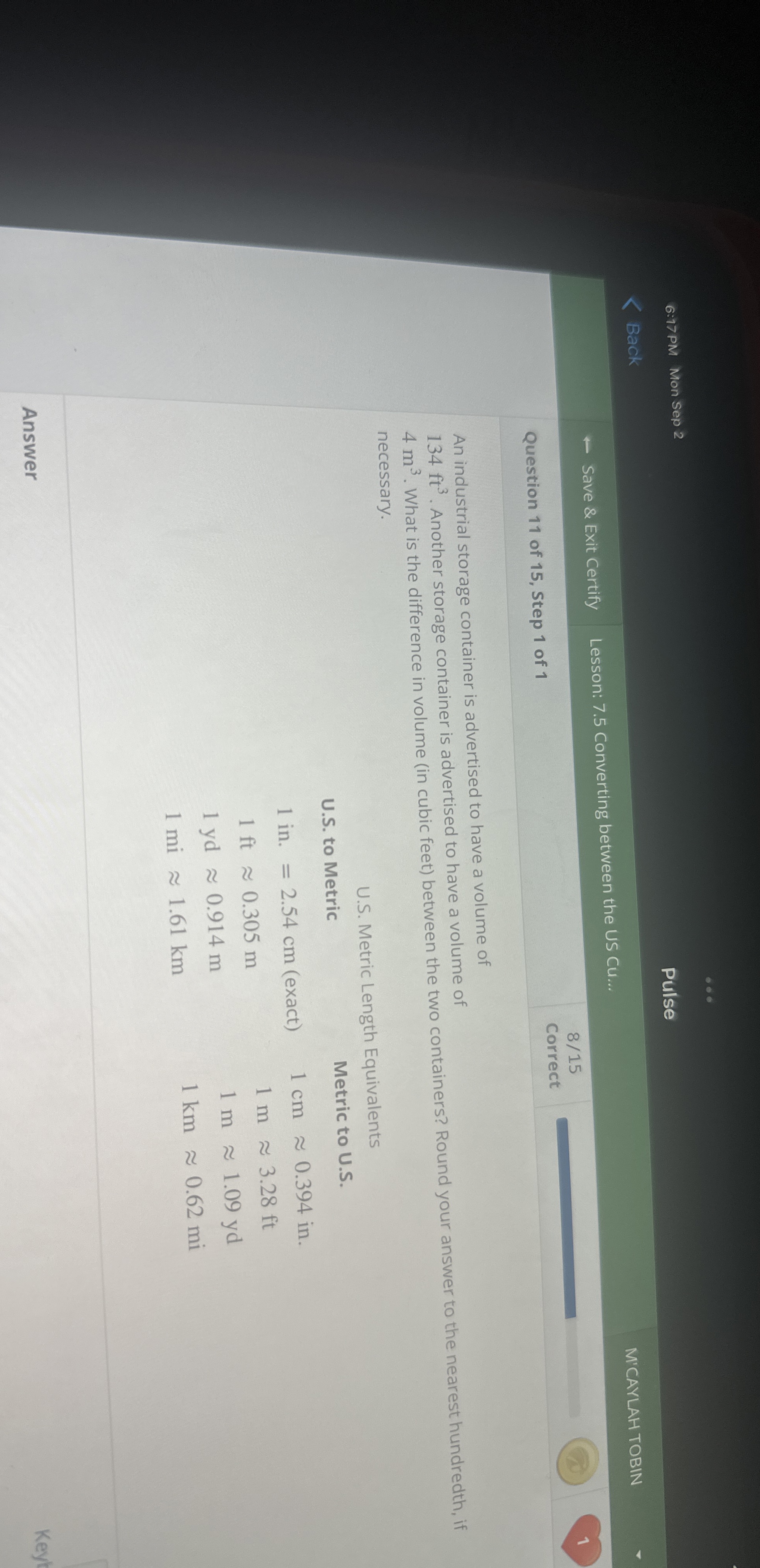 Solved 6:17 ﻿PM Mon Sep 2PulseBackM'CAYLAH TOBINSave & Exit | Chegg.com
