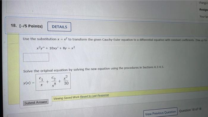 Solved Use the substitution x=et to transform the given | Chegg.com