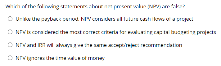 Solved Which of the following statements about net present | Chegg.com