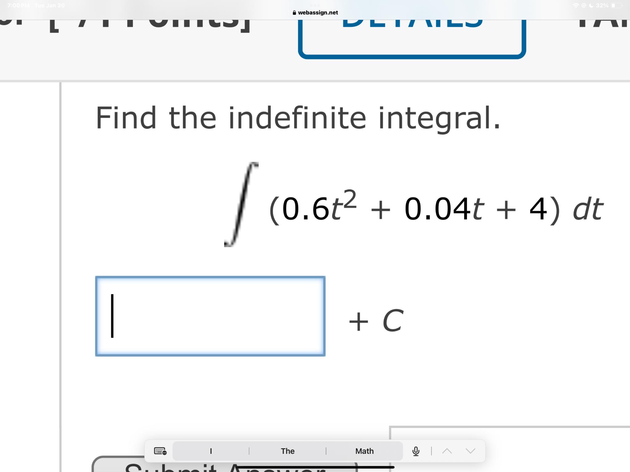 Solved Find the indefinite integral.∫﻿﻿(0.6t2+0.04t+4)dt | Chegg.com