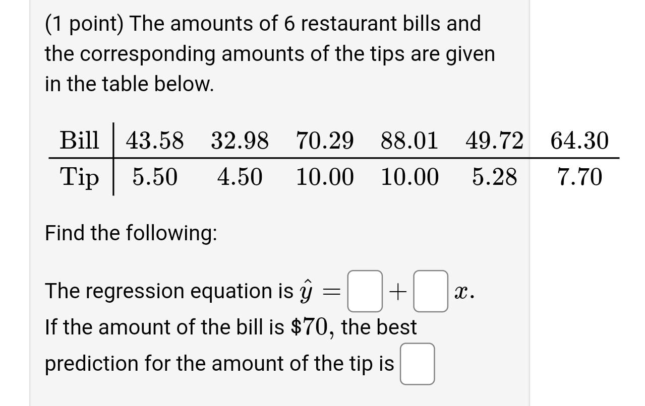 Solved (1 point) The amounts of 6 restaurant bills and the | Chegg.com