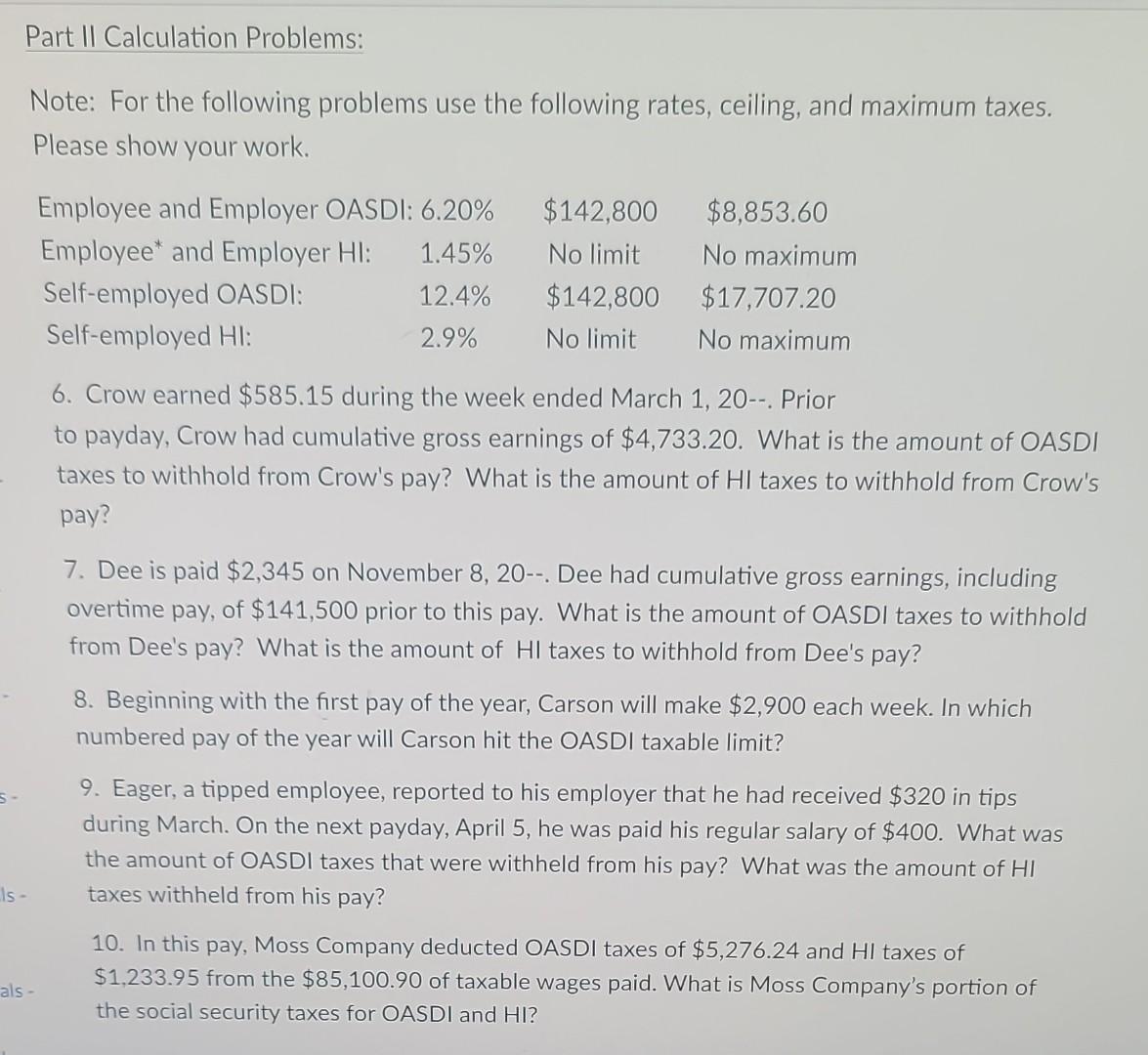 Solved Part II Calculation Problems: Note: For the following | Chegg.com Solved Part II Calculation Problems: Note: For the following | Chegg.com