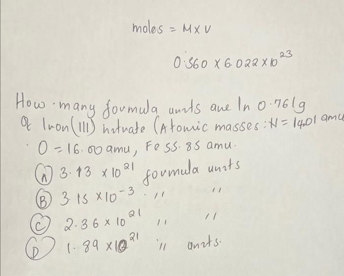 Solved moles =M×V0.560×6.022×1023 How many foumula unats ane | Chegg.com