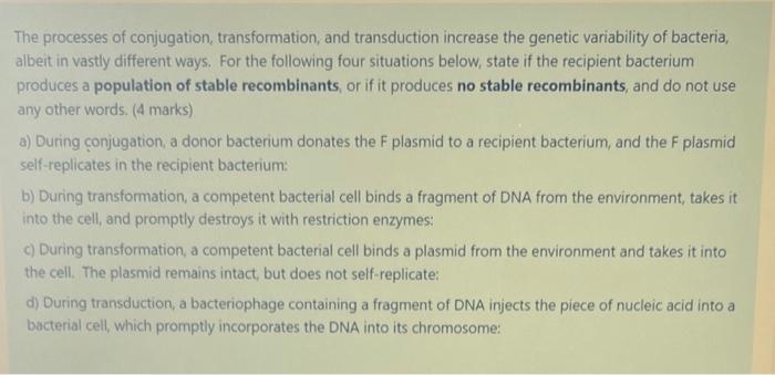 Solved The processes of conjugation, transformation, and | Chegg.com