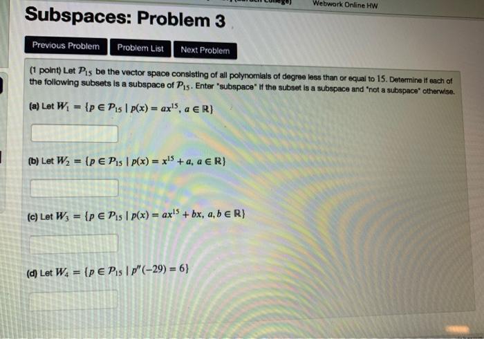 Solved Webwork Online Hw Subspaces Problem 3 Previous 