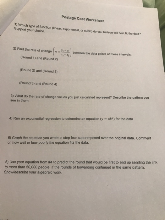 Postage Cost Worksheet Explore Exponential Models: | Chegg.com