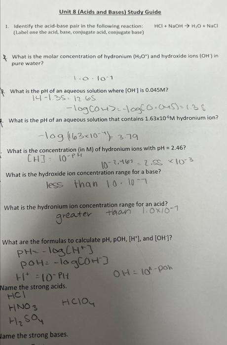 Solved Unit 8 (Acids and Bases) Study Guide 1. Identify the | Chegg.com