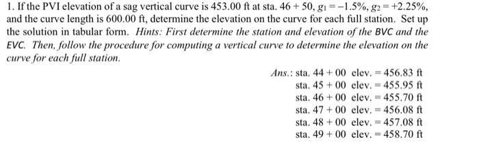 Solved 1. If the PVI elevation of a sag vertical curve is | Chegg.com