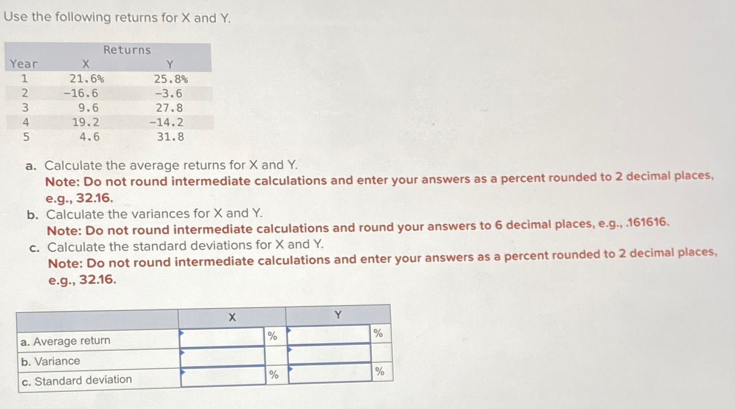 Solved Use the following returns for x ﻿and | Chegg.com