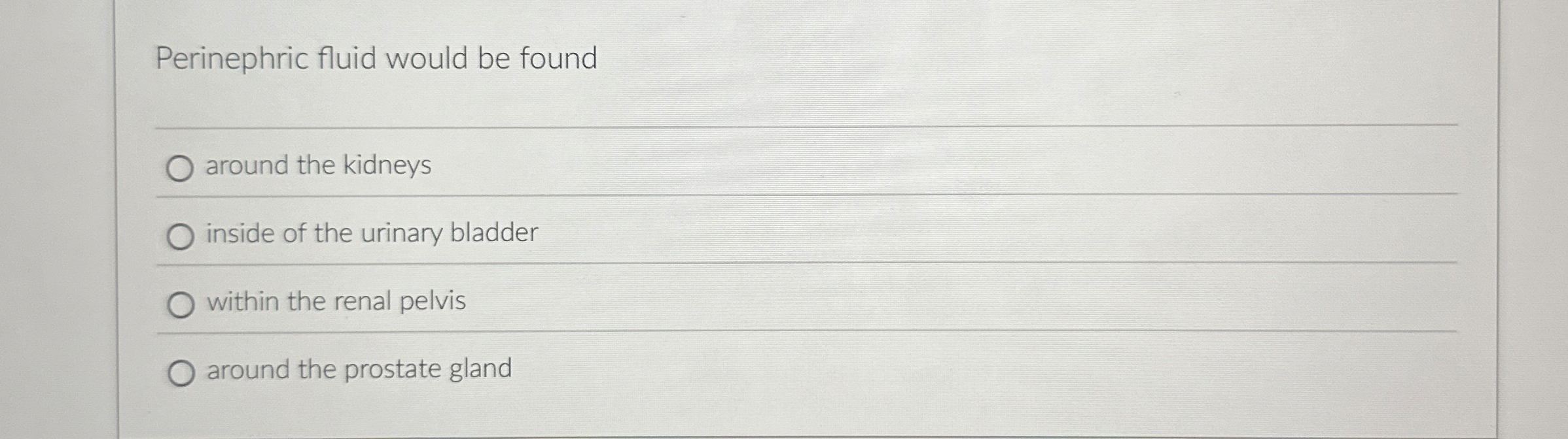 Solved Perinephric fluid would be foundaround the | Chegg.com
