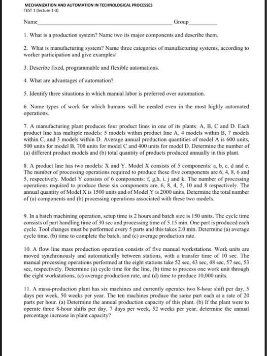 Solved MECHANIZATION AND AUTOMATION IN TECHNOLOGICAL | Chegg.com