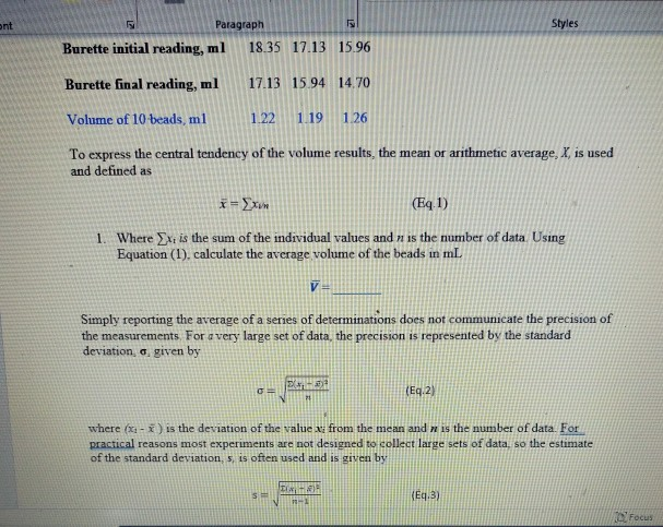 Solved ont Paragraph Styles Burette initial reading, ml | Chegg.com