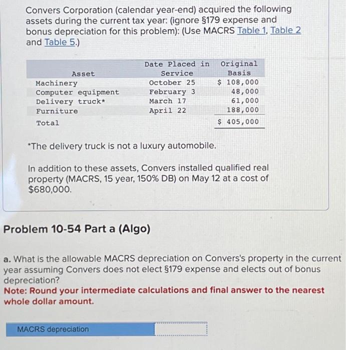 Solved Convers Corporation (calendar year-end) acquired the | Chegg.com