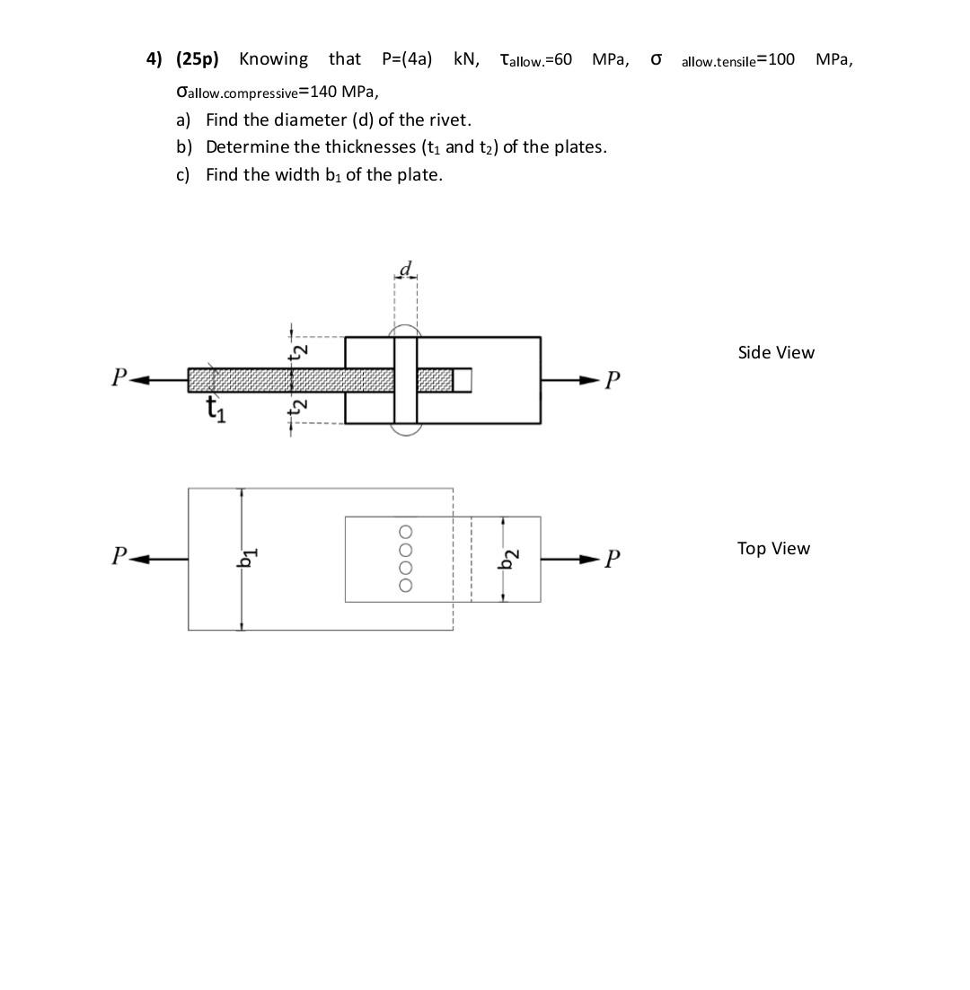 Solved 4) (25p) Knowing that P=(4a)kN,τallow. =60MPa,σ | Chegg.com