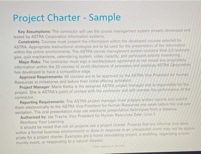 Part 1 - Project Charter: Prepare a Project Charter | Chegg.com