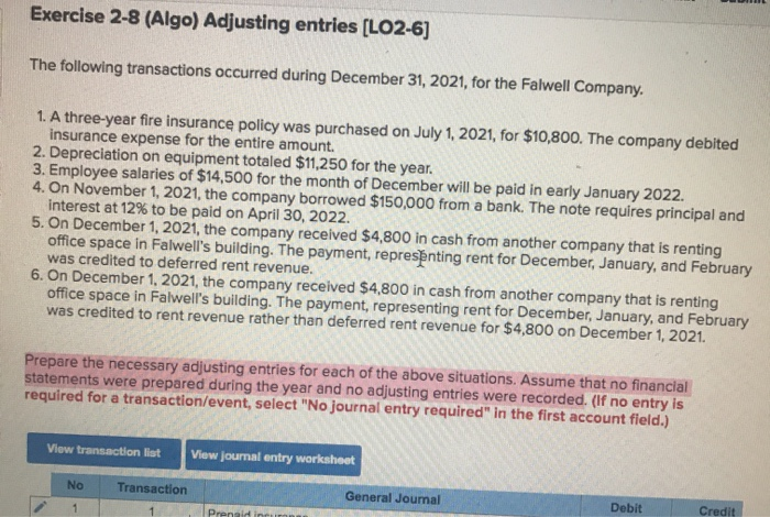 Solved Exercise 2-8 (Algo) Adjusting entries (LO2-6) The | Chegg.com