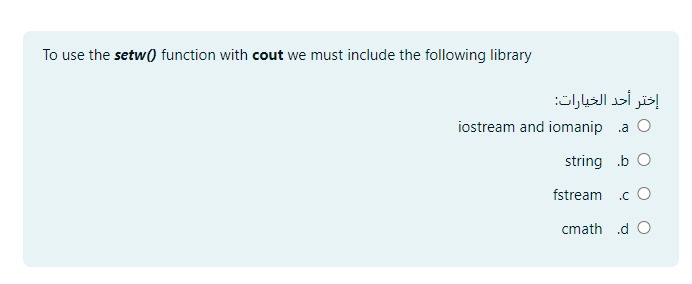 Solved To use the setw function with cout we must include | Chegg.com