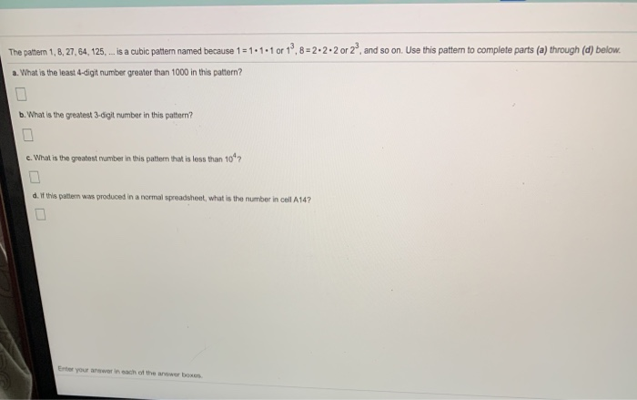 Solved The pattern 1, 8, 27, 64, 125,... is a cubic pattern | Chegg.com
