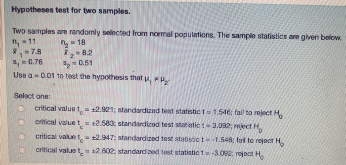 Solved Hypotheses test for two samples. Two samples are | Chegg.com