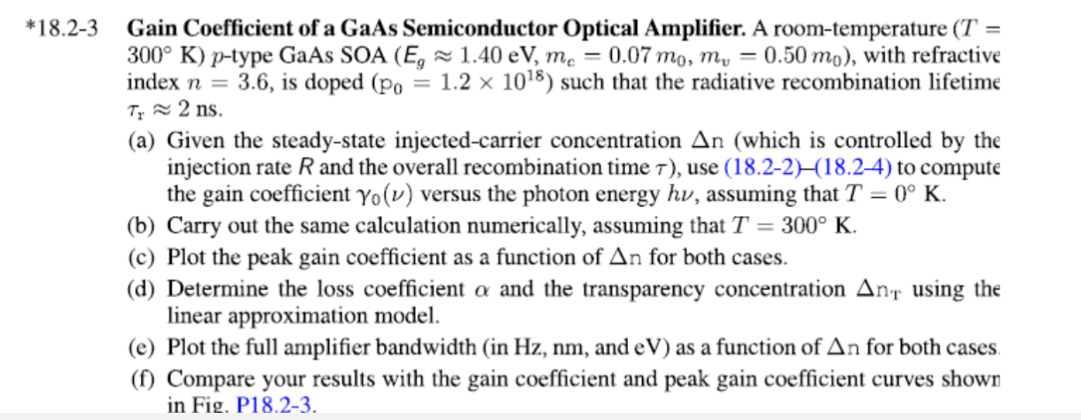 *18.2-3 ﻿Gain Coefficient of a GaAs Semiconductor | Chegg.com