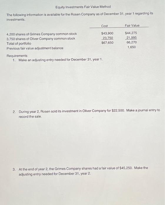 Solved Equity Investments Fair Value Method The following | Chegg.com