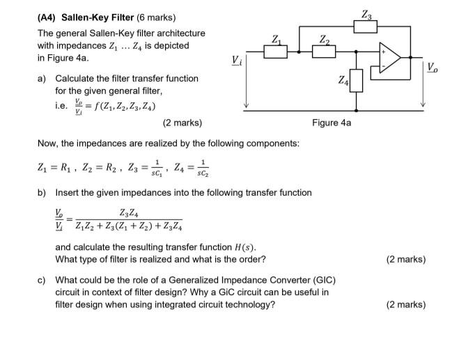 Solved 23 Z2 V. (A4) Sallen-Key Filter (6 marks) The general | Chegg.com
