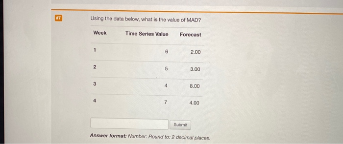Solved 17 Using the data below, what is the value of MAD? | Chegg.com