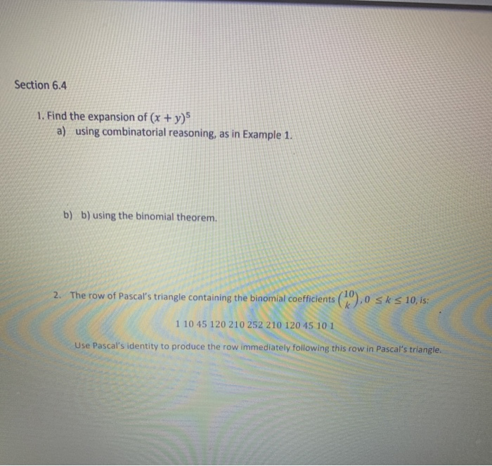 Solved Section 6.4 1. Find the expansion of (x + y)5 a) | Chegg.com