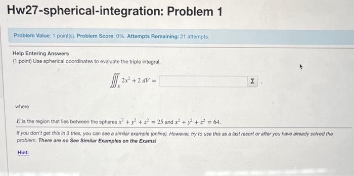 Solved Help Entering Answers (1 point) Use spherical | Chegg.com