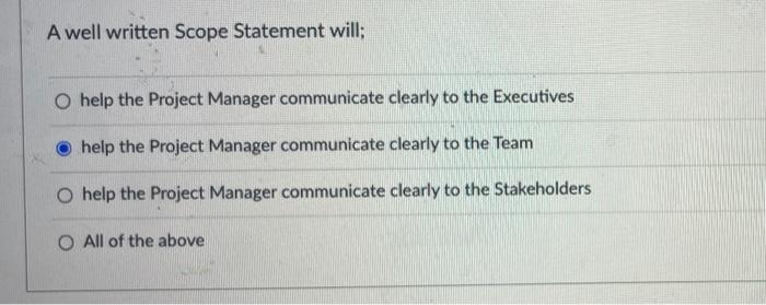 Solved A well written Scope Statement will; help the Project | Chegg.com