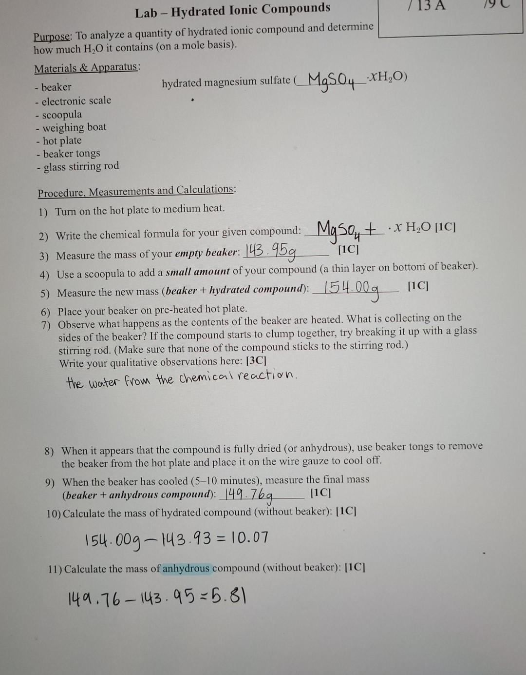 Solved 13) Calculate the moles of anhydrous compound and the | Chegg.com