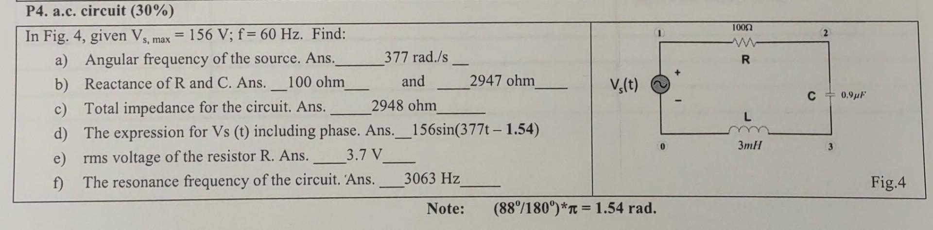 Solved 10092 = 2 R C+0,94F P4. a.c. circuit (30%) In Fig. 4, | Chegg.com
