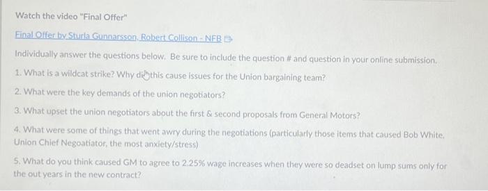 Solved Watch the video "Final Offer" Einal Ofter by Sturta | Chegg.com