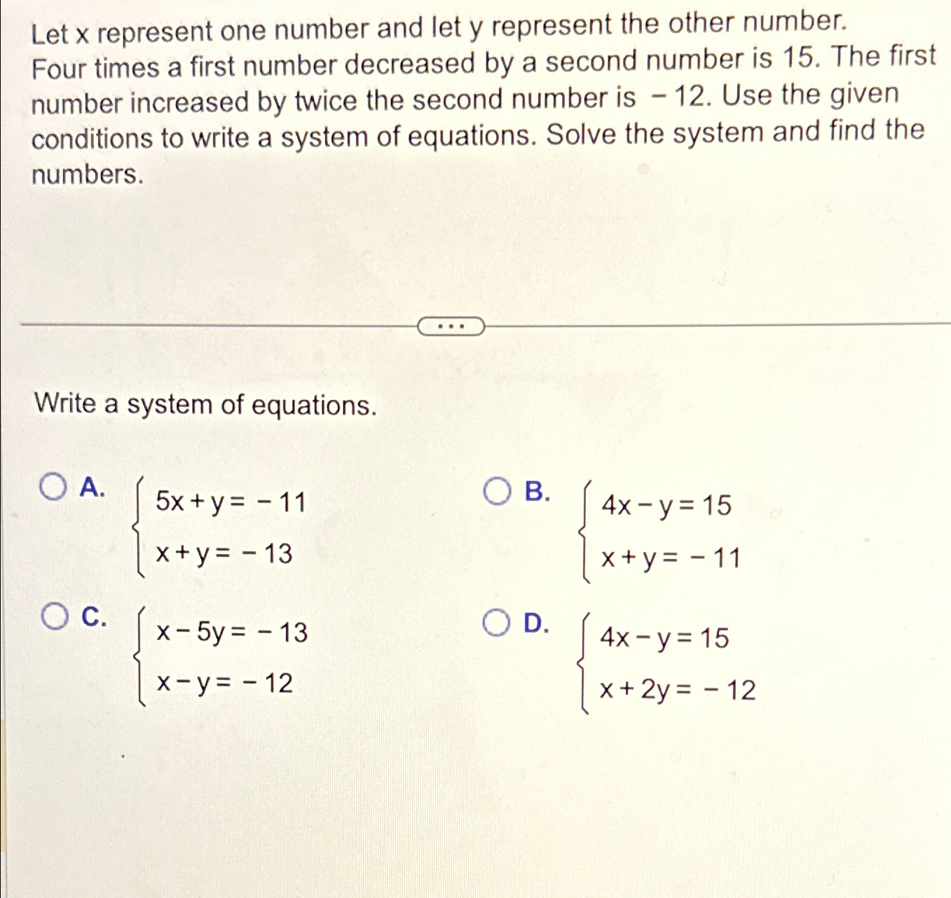 Solved Let x ﻿represent one number and let y ﻿represent the | Chegg.com