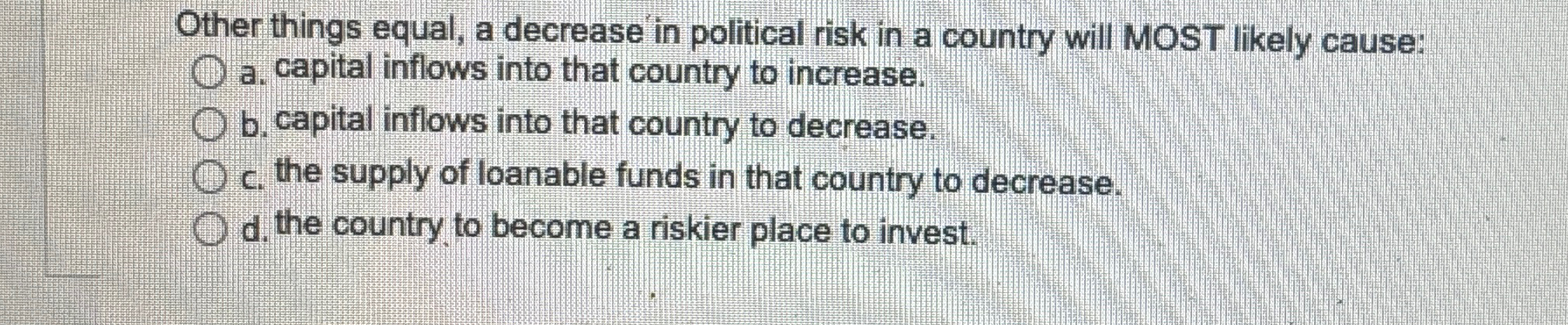 Solved Other things equal, a decrease in political risk in a | Chegg.com