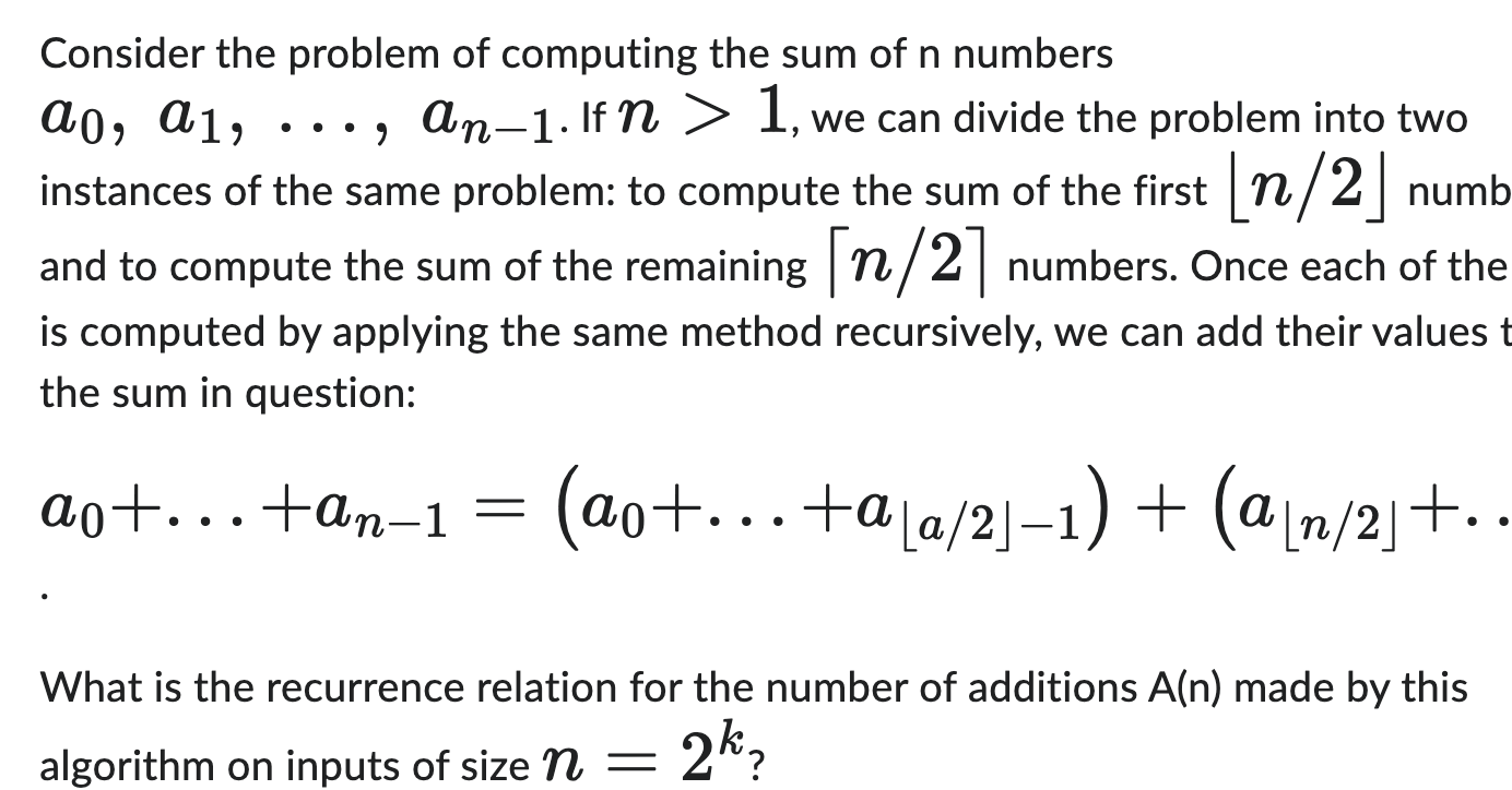 Solved Consider the problem of computing the sum of n | Chegg.com