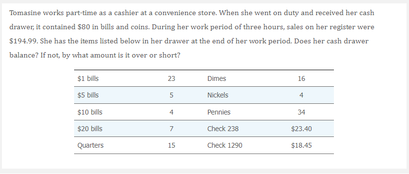 Solved Tomasine works part-time as a cashier at a | Chegg.com