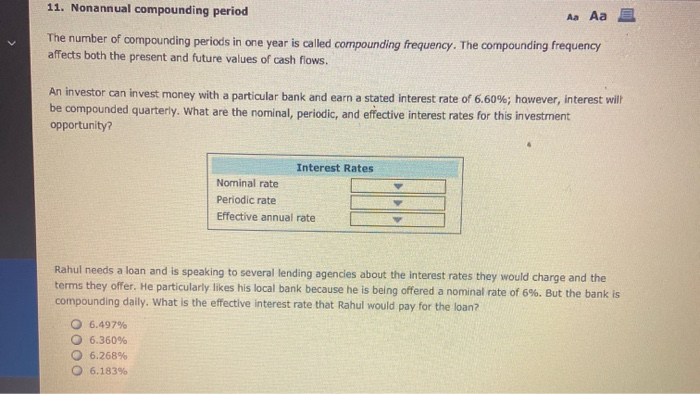 Solved 11. Nonannual compounding period A Aa E The number of | Chegg.com