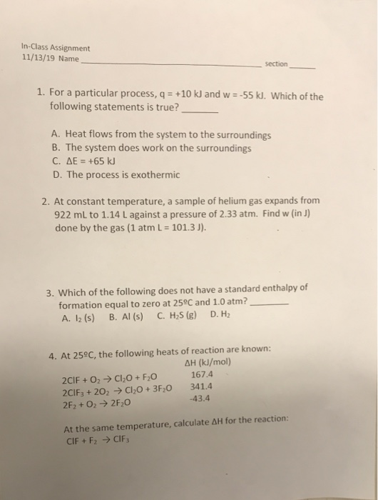 Solved In-Class Assignment 11/13/19 Name section 1. For a | Chegg.com