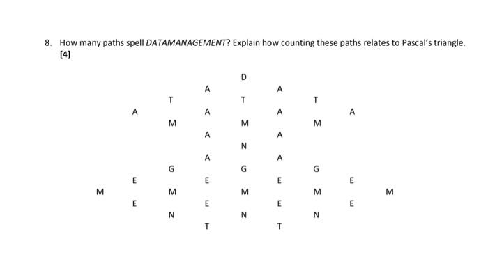 Solved 8. How many paths spell DATAMANAGEMENT? Explain how | Chegg.com