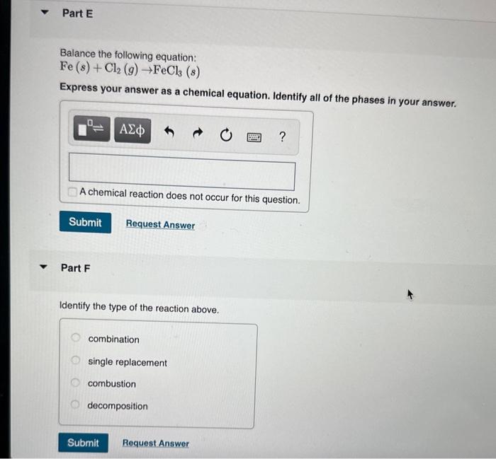 Solved Balance the following equation: Fe(s)+Cl2(g)→FeCl3(s) | Chegg.com