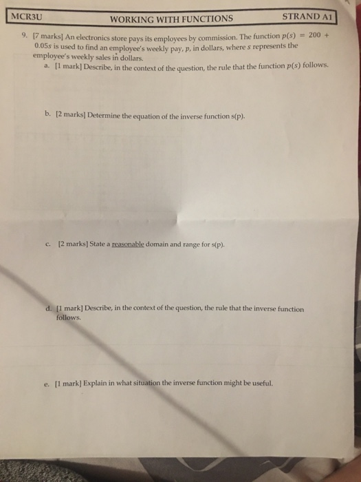 Solved Mcr3u Working With Functions Strand A1 Y 1 Marks An