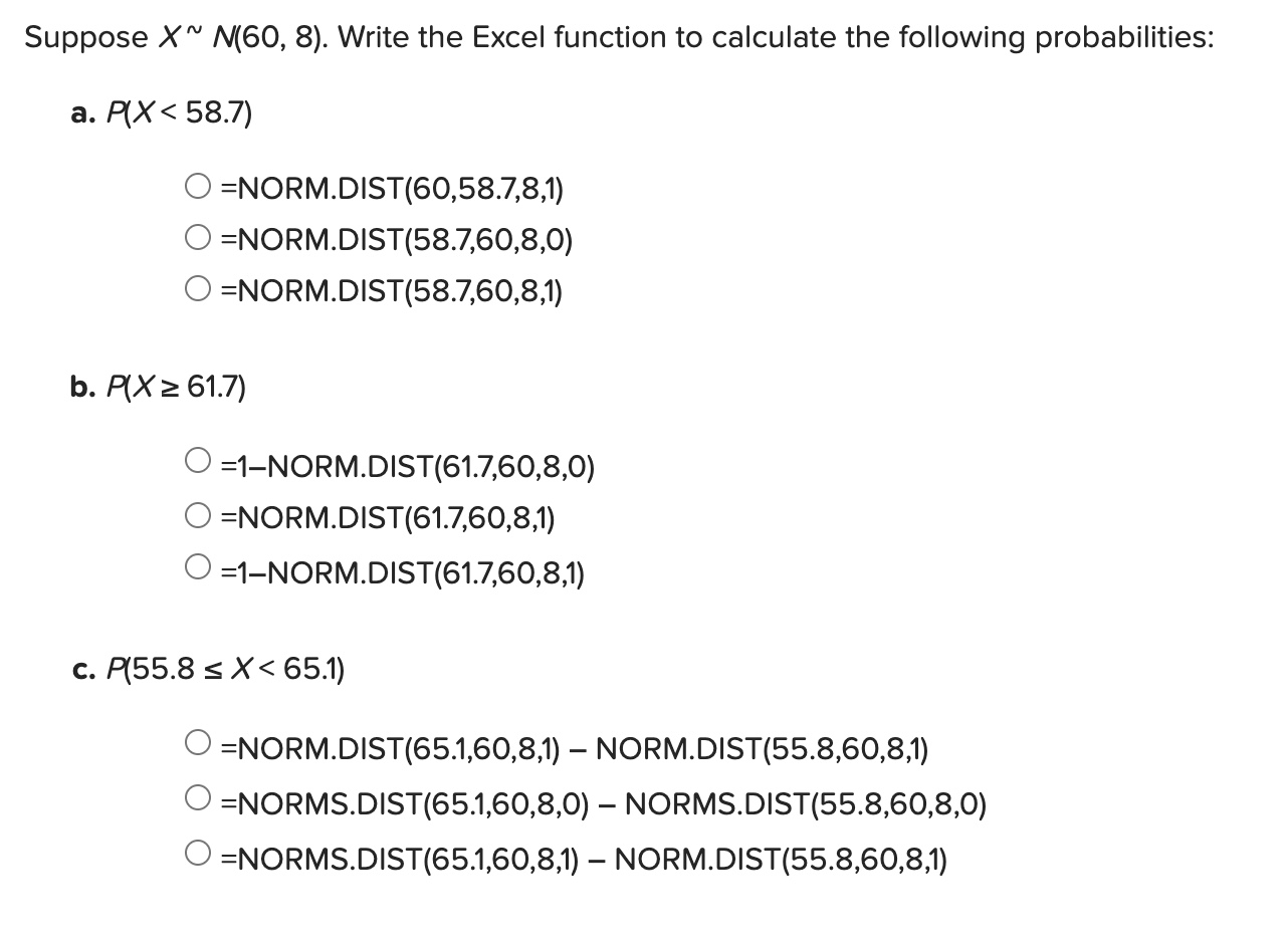 Solved Suppose x∼N(60,8). ﻿Write the Excel function to | Chegg.com