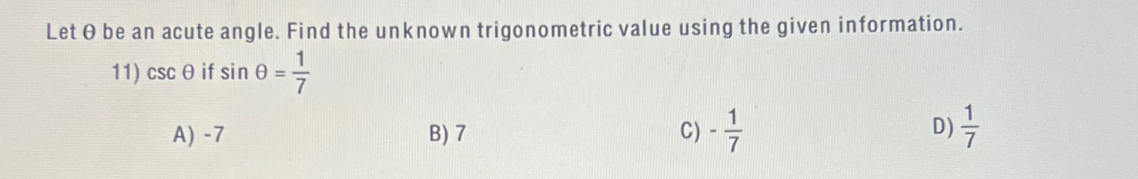 Solved Let θ ﻿be an acute angle. Find the unknown | Chegg.com
