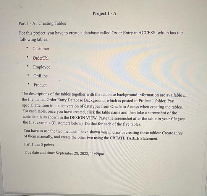 Part 1-A: Creating Tables For this project, you have | Chegg.com