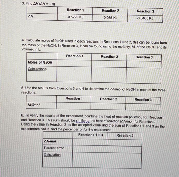 Solved 3. Find ΔH(ΔH=−a) 4. Calculate moles of NaOH used in | Chegg.com