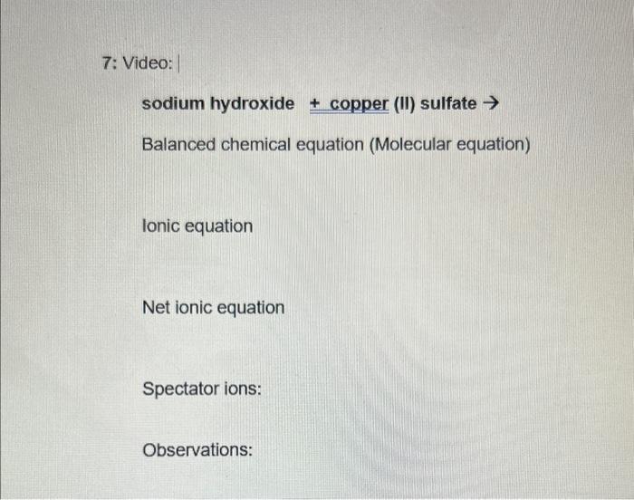 Solved Balanced chemical equation (Molecular equation) Ionic | Chegg.com